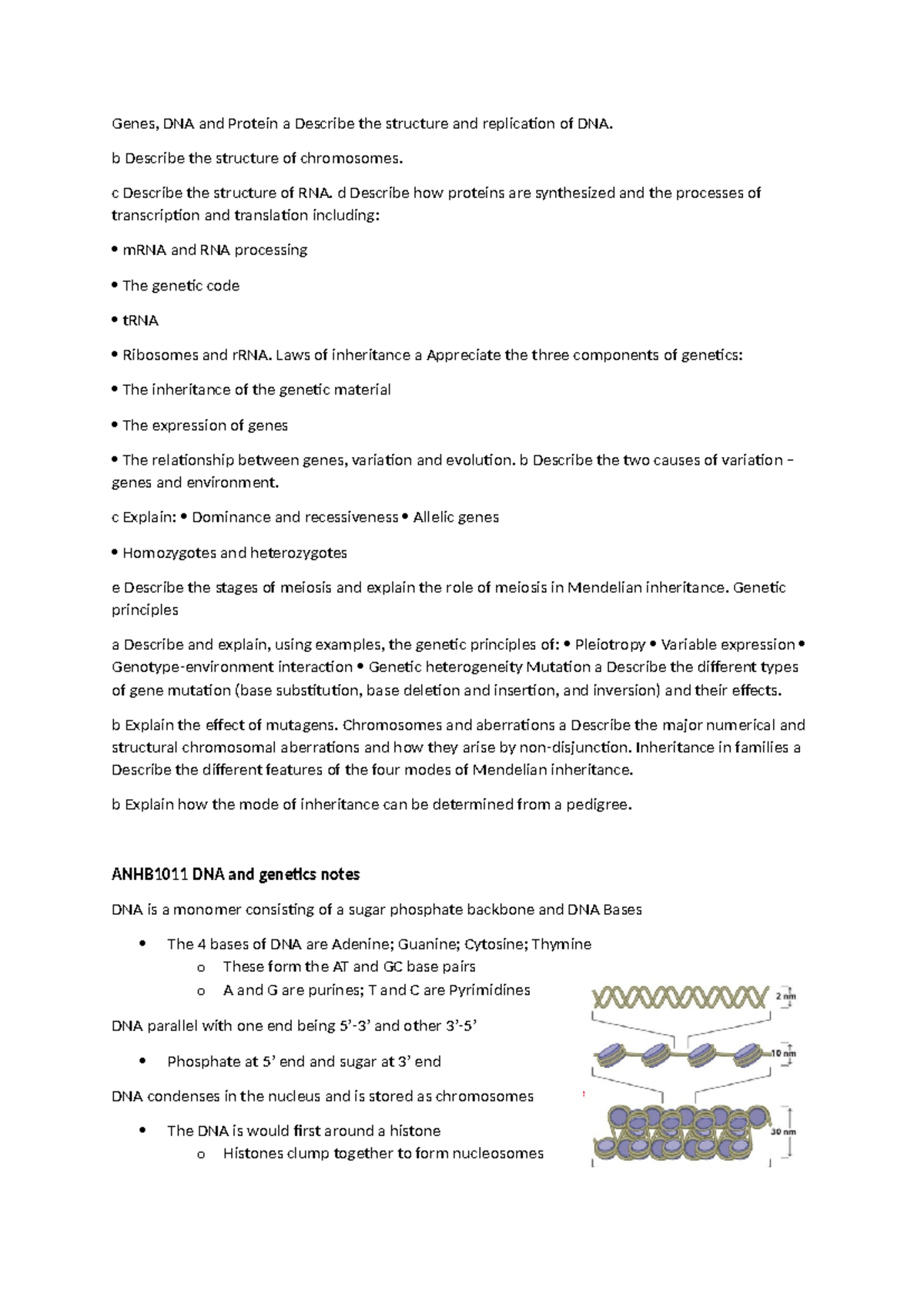 ANHB1011 DNA and Genetics Lecture Notes - Studocu