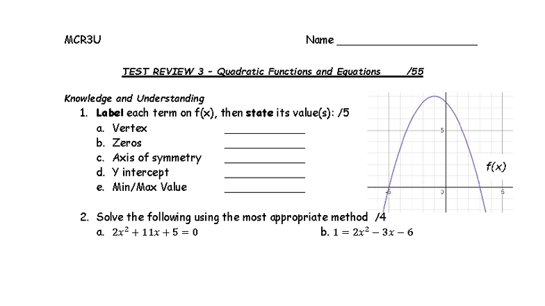 MCR3U Quadratic Functions Test Review - April 2024 - Studocu