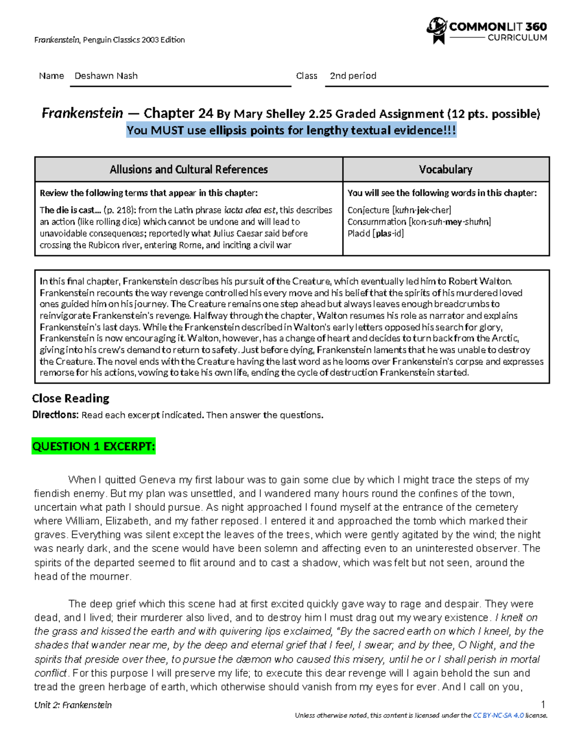 Frankenstein 2.25 Chapter 24 During-Reading Questions & Analysis - Studocu