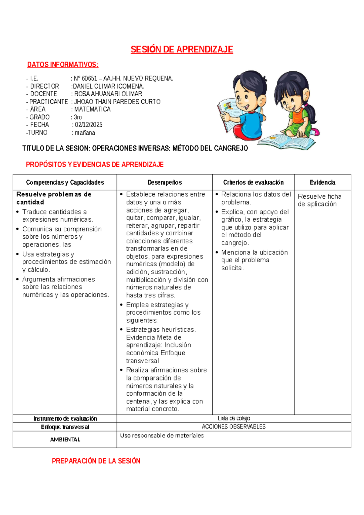 SESION DE APRENDIZAJE: OPERACIONES INVERSAS EN MATEMATICA 3RO - Studocu