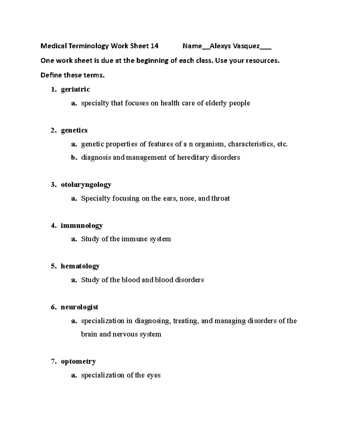 Medical Terminology Worksheet 14 - NUR 201: Definitions & Specialties ...
