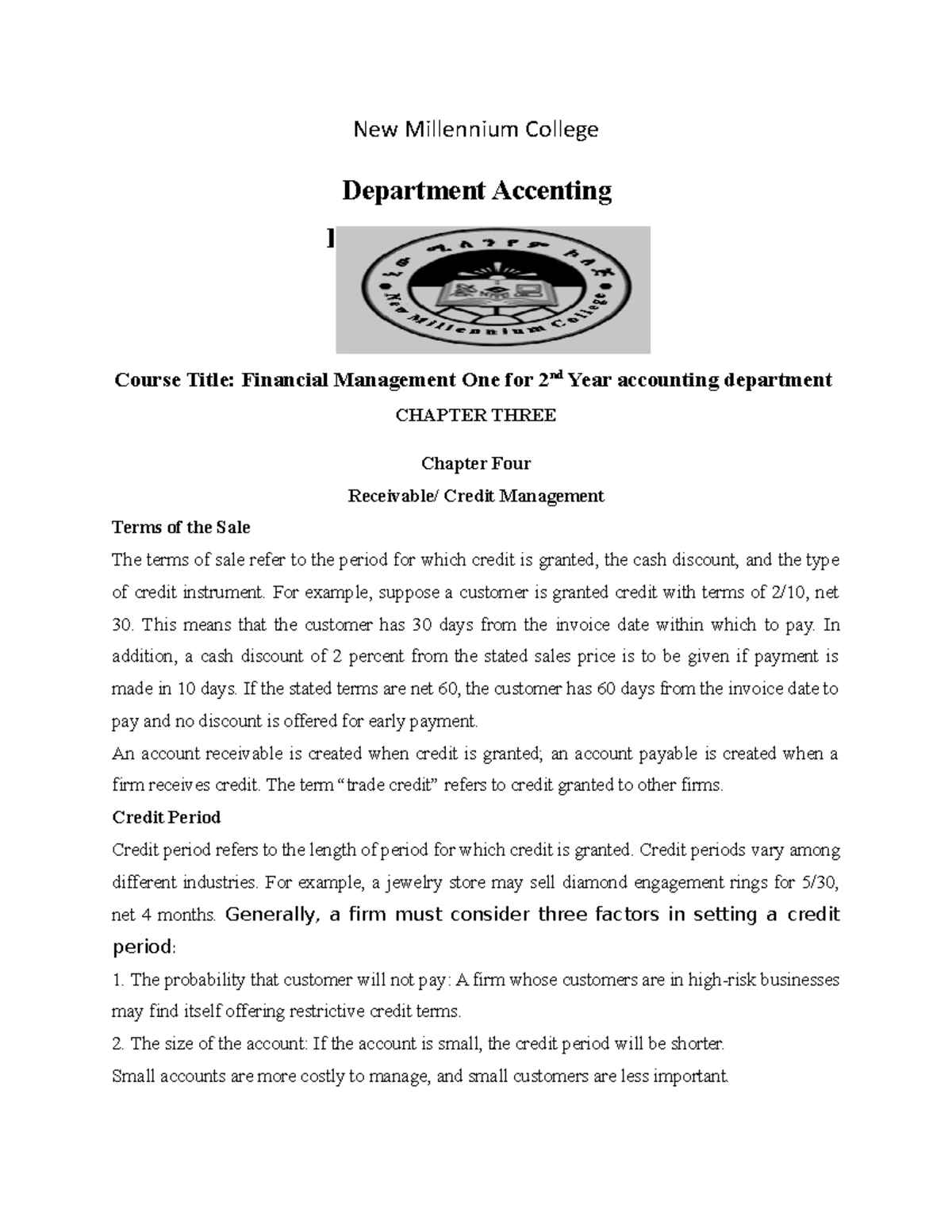 Chapter 4 FM II - Credit Management and Terms of Sale - Studocu