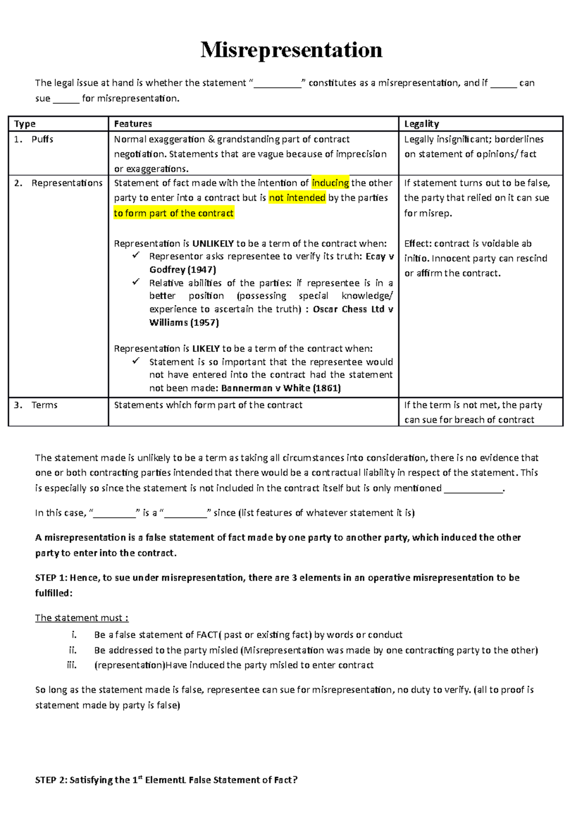 Misrep template - Misrepresentation The legal issue at hand is whether ...