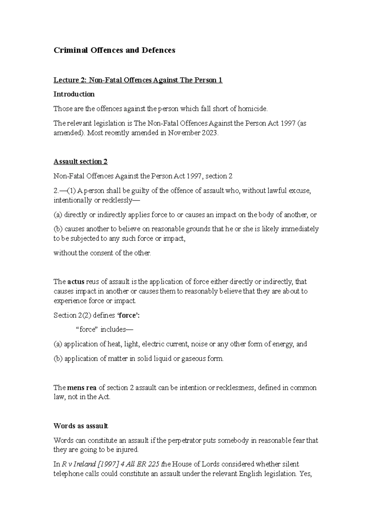 Non-Fatal Offences Against the Person: Key Points from 1997 Act - Studocu