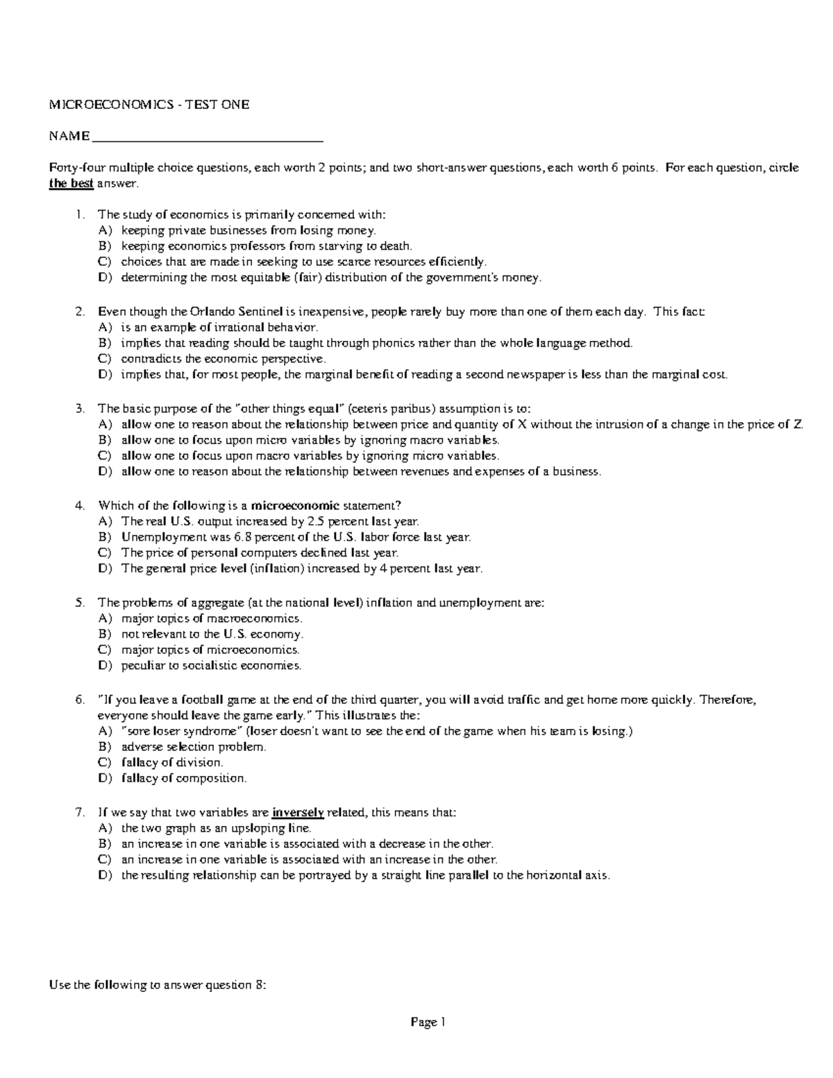 ECC101 Practice questions - MICROECONOMICS - TEST ONE NAME