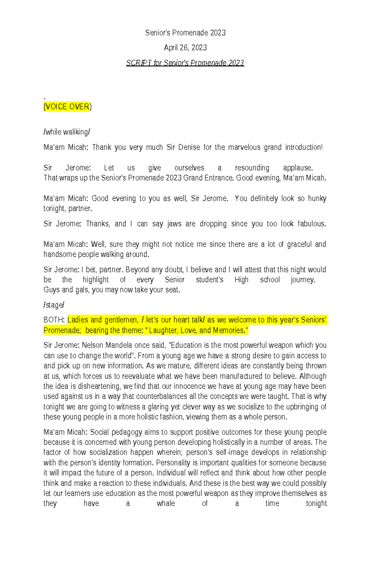 Senior's Promenade 2023 Emcee Script (PROM) - Studocu