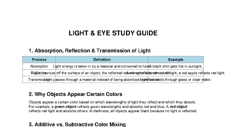 LIGHT AND EYE STUDY GUIDE: Absorption, Reflection, and Color Mixing ...