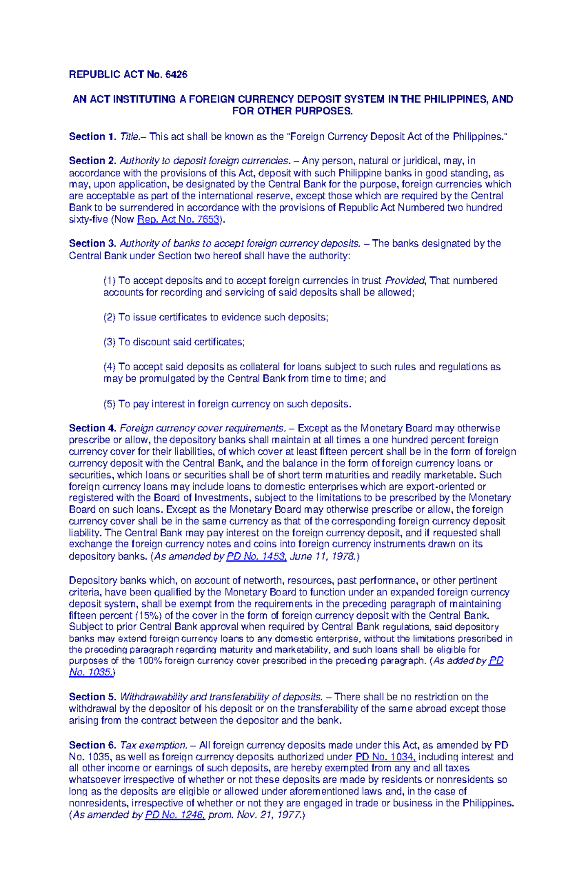 Republic Act No. 6426: Foreign Currency Deposit System Overview - Studocu