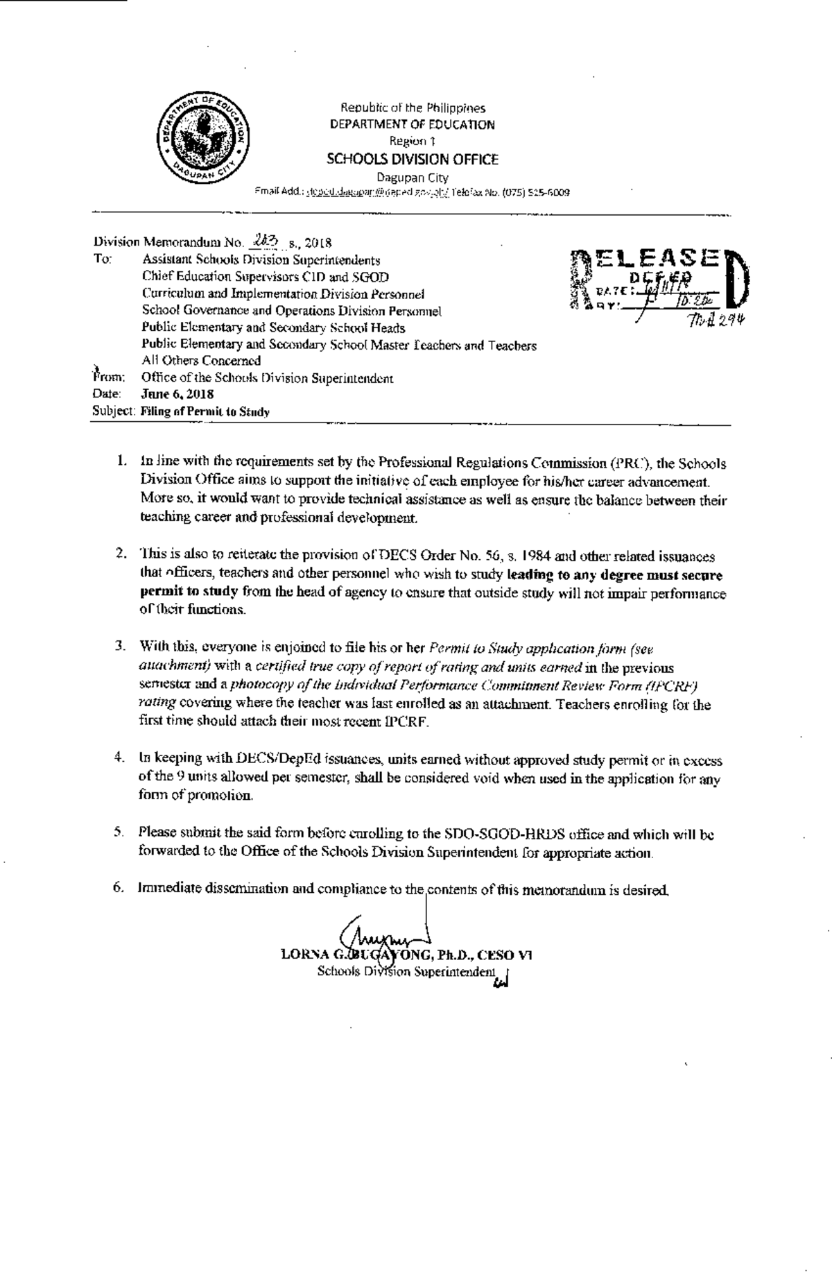 Filing of Permit to Study Guidelines - Division Memo No. 244 s. 2018 ...