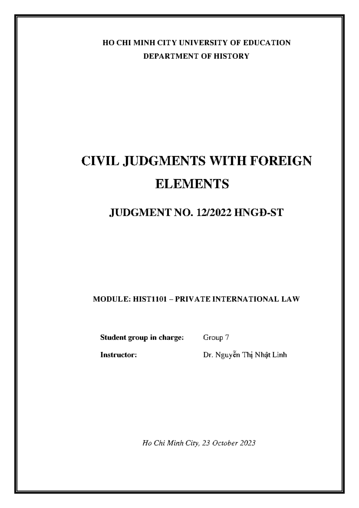 HIST1101 Final Exam: Civil Judgments with Foreign Elements Analysis ...