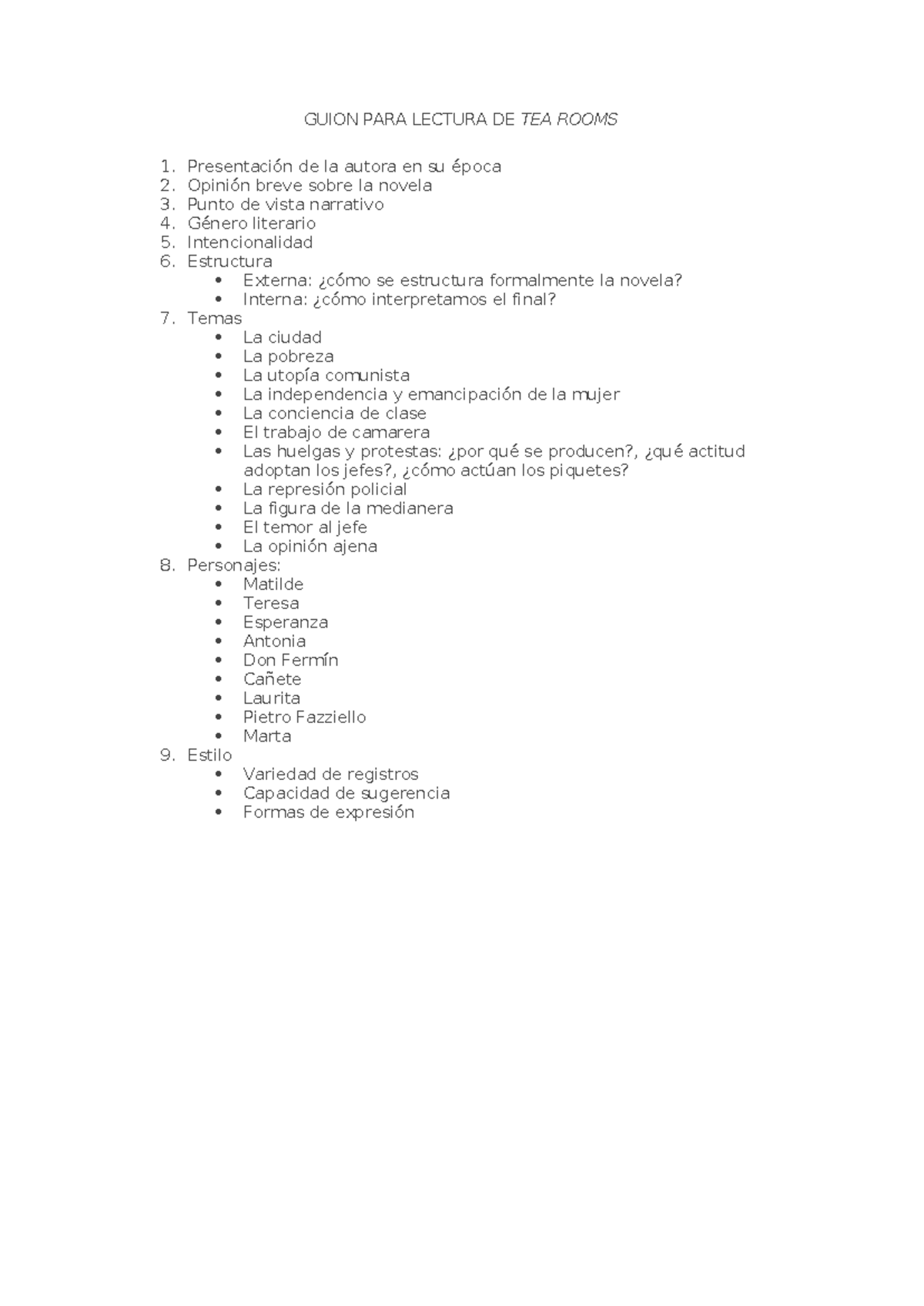 Guion de Análisis Literario de "Tea Rooms" para Lectura - Studocu