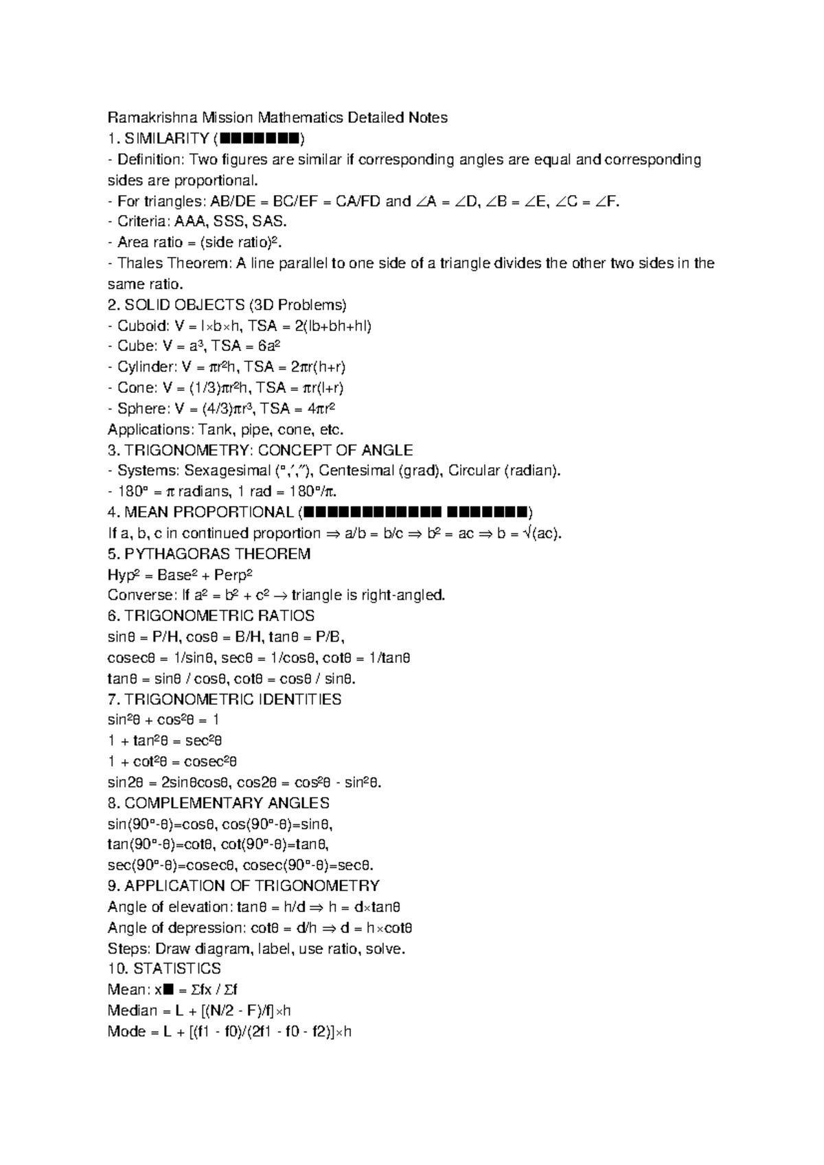 RKM Math Detailed Notes: Similarity, Trigonometry & Statistics - Studocu