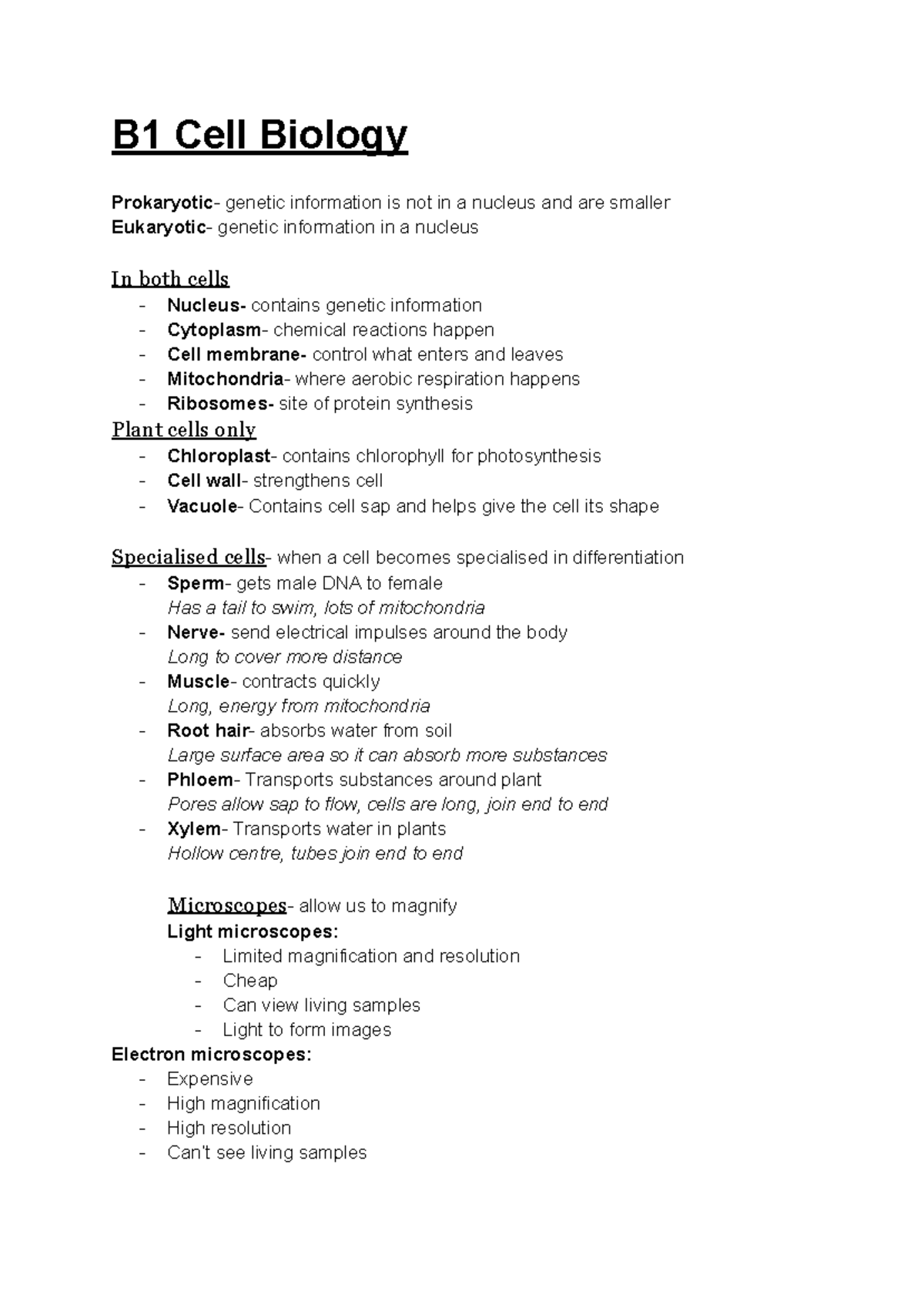 B1 Cell Biology: Genetic Info, Cell Functions, and Microscopy Insights ...