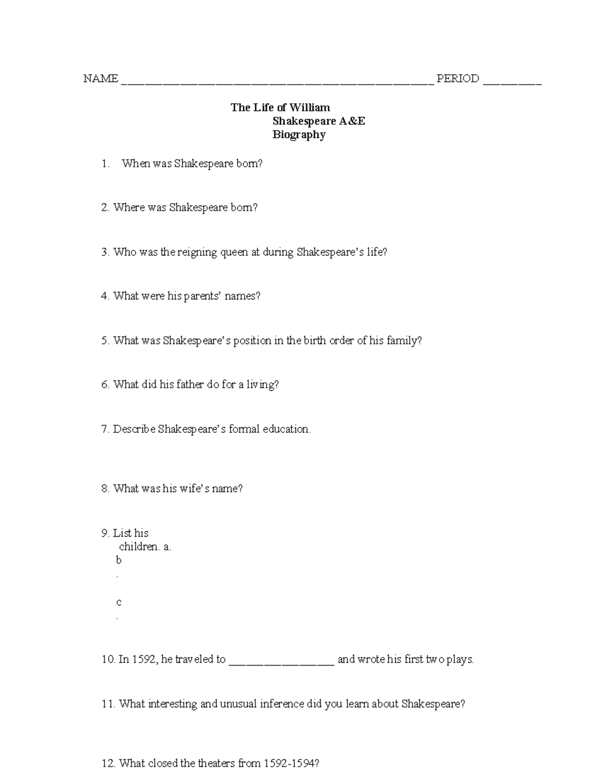 ENG 101: Shakespeare Biography Viewing Guide and Key Facts - Studocu