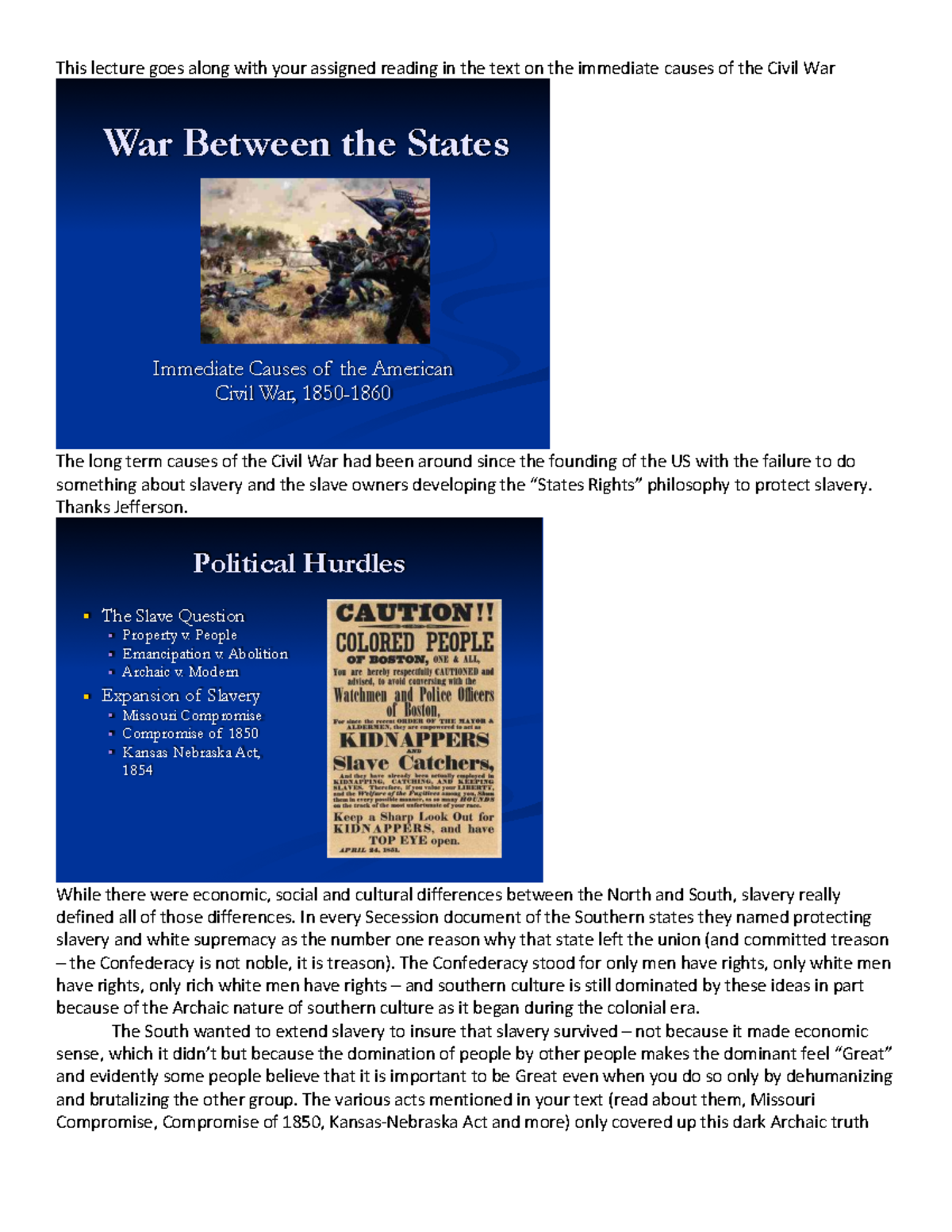 Immediate Causes of the American Civil War (HIST 101 Lecture Notes ...