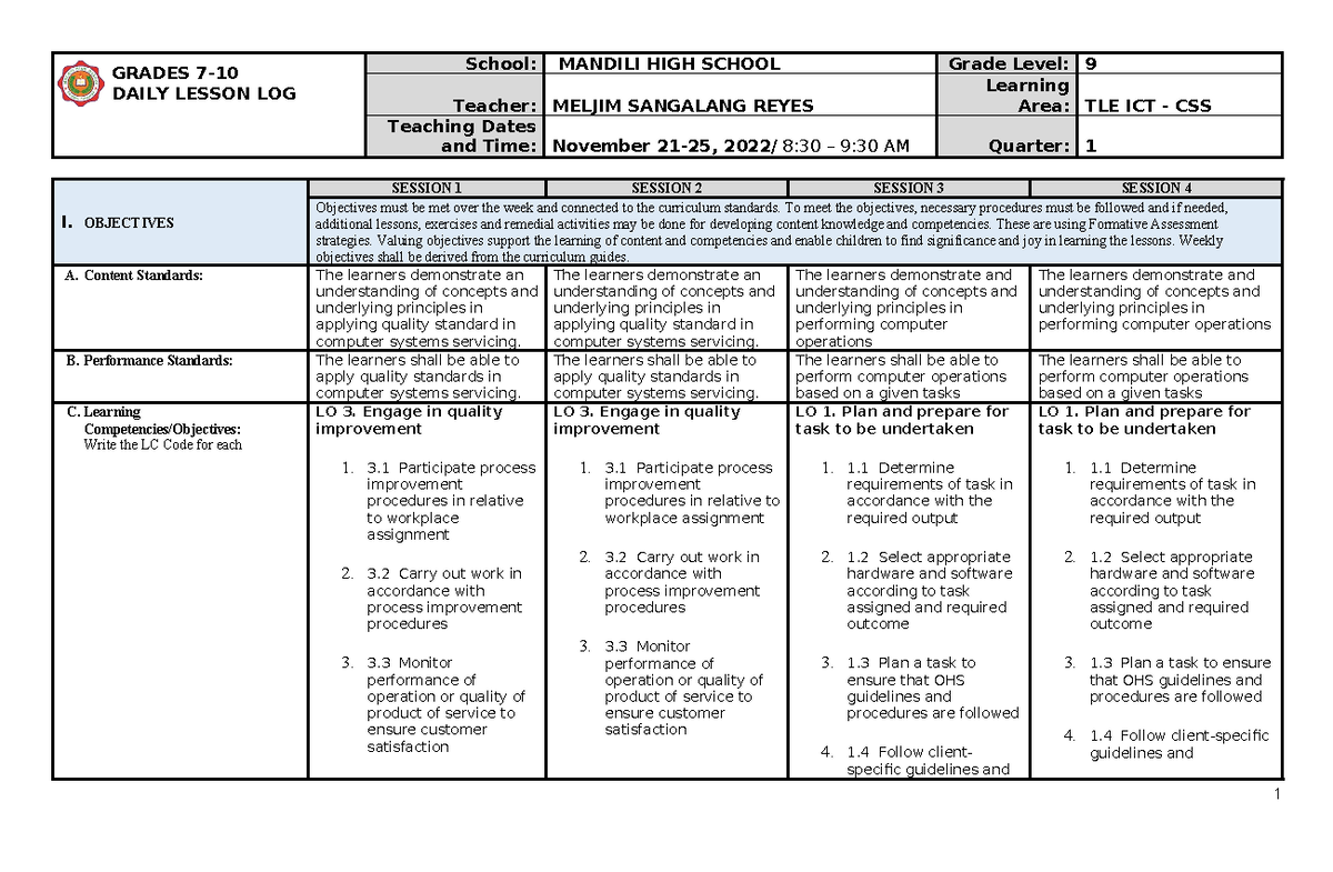 DLL Grade 9 TLE ICT-CSS Week 4 Lesson Plans and Objectives - Studocu