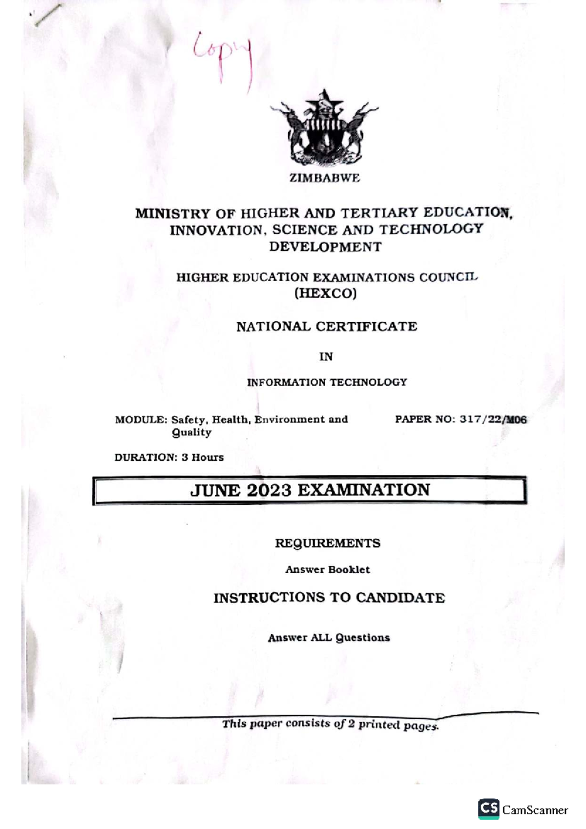 SHEQ Module Exam Paper - HEXCO National Cert IT - June 2023 - Studocu