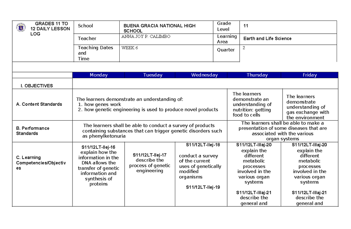ELS DLL WEEK 6 - Daily Lesson Log for Earth and Life Science - Studocu