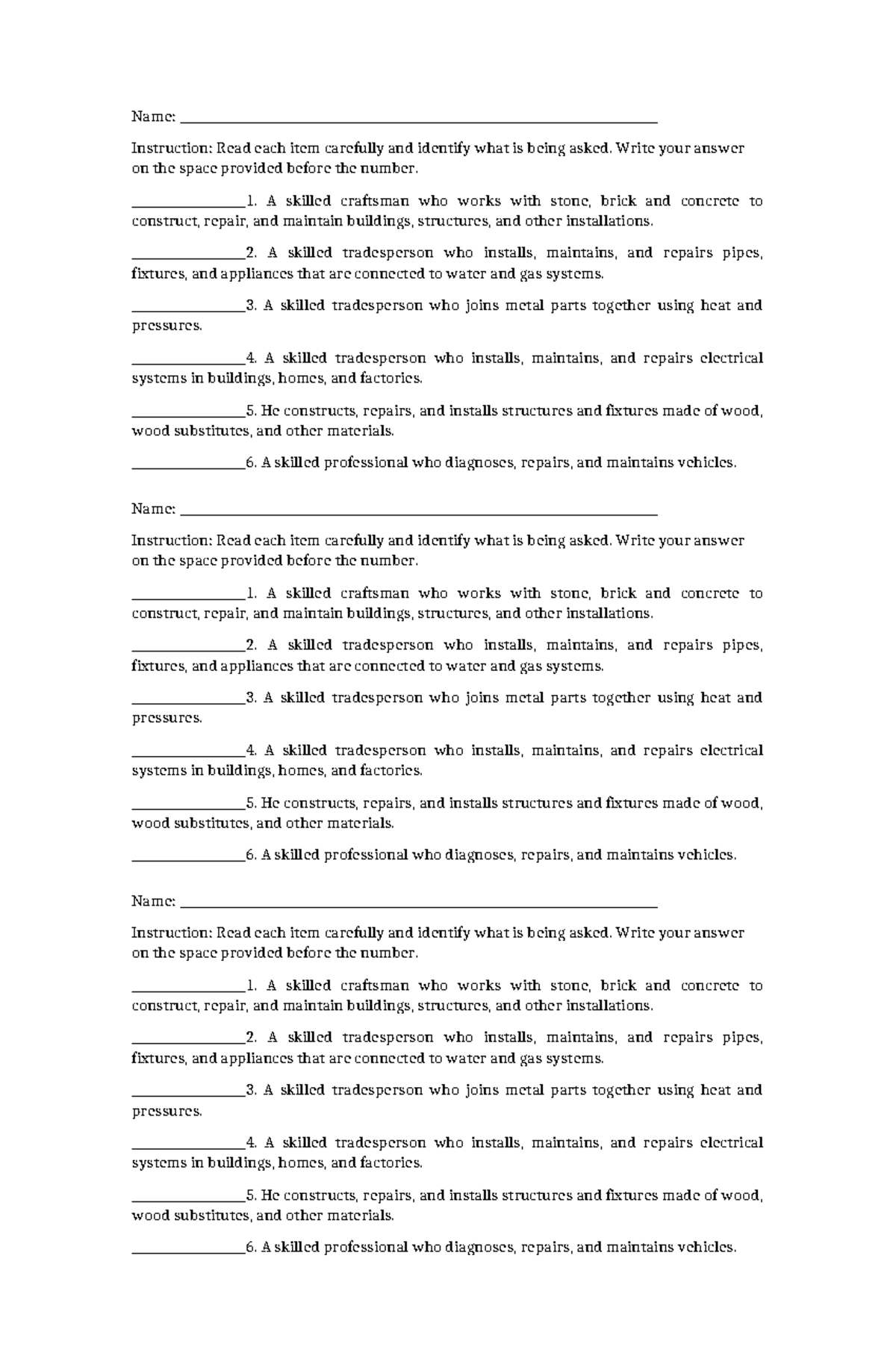 Assessment - Notes on Skilled Trades and Craftsmen Roles - Studocu