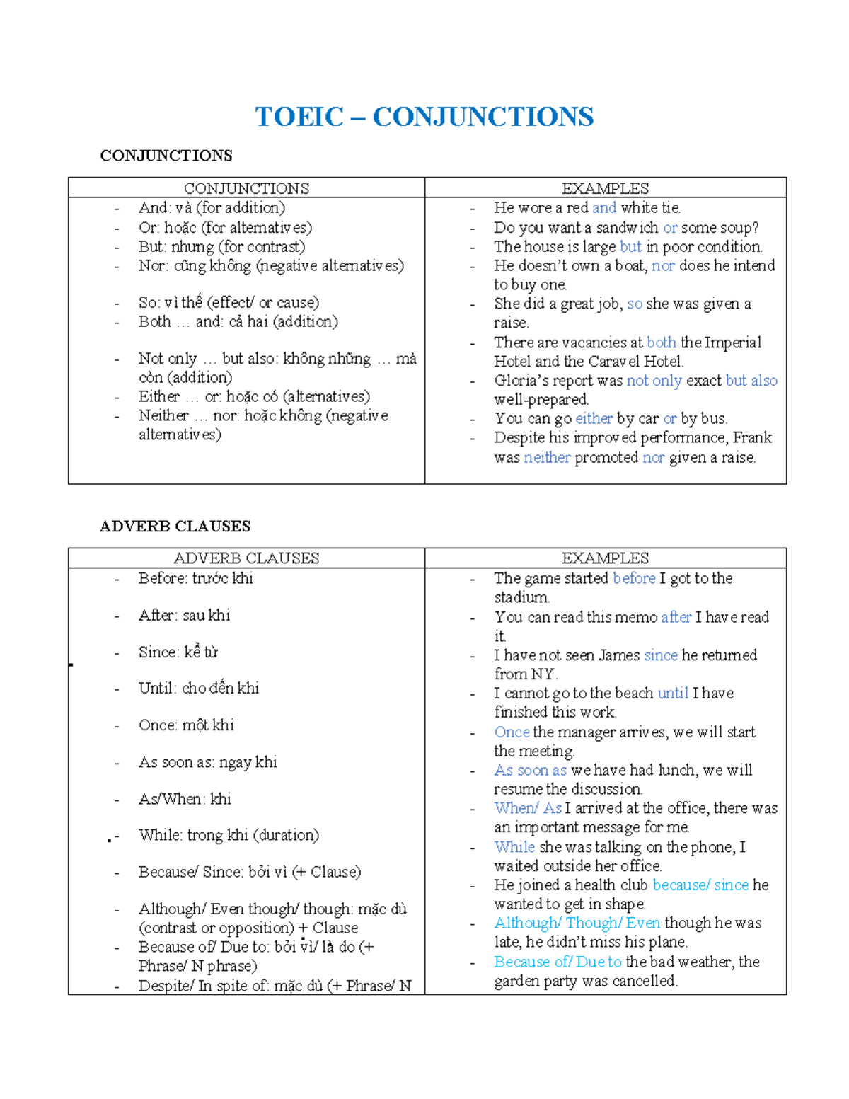 TOEIC - Conjunctions & Adverb Clauses Study Guide - Studocu