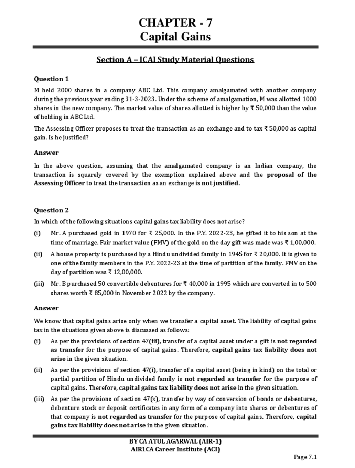 CHAPTER 7 Capital Gains - ICAI Study Material Questions and Answers ...