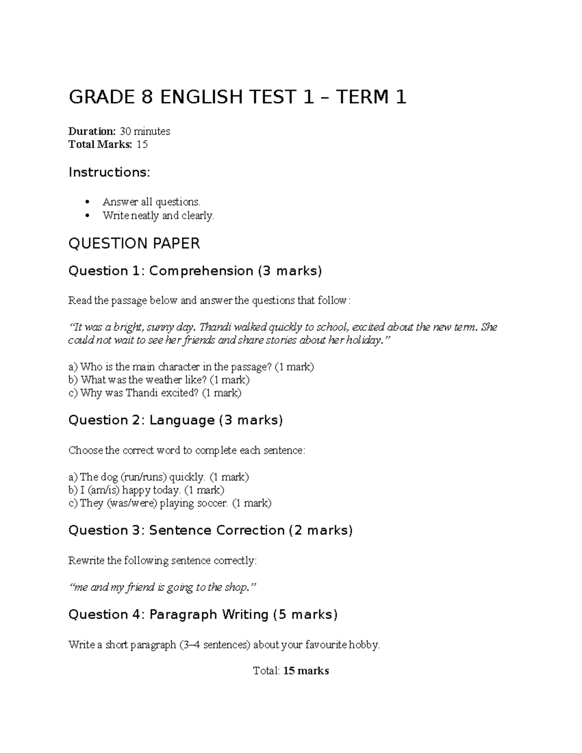 GRADE 8 ENGLISH TEST 1 TERM 1 - COMPREHENSION & LANGUAGE - Studocu