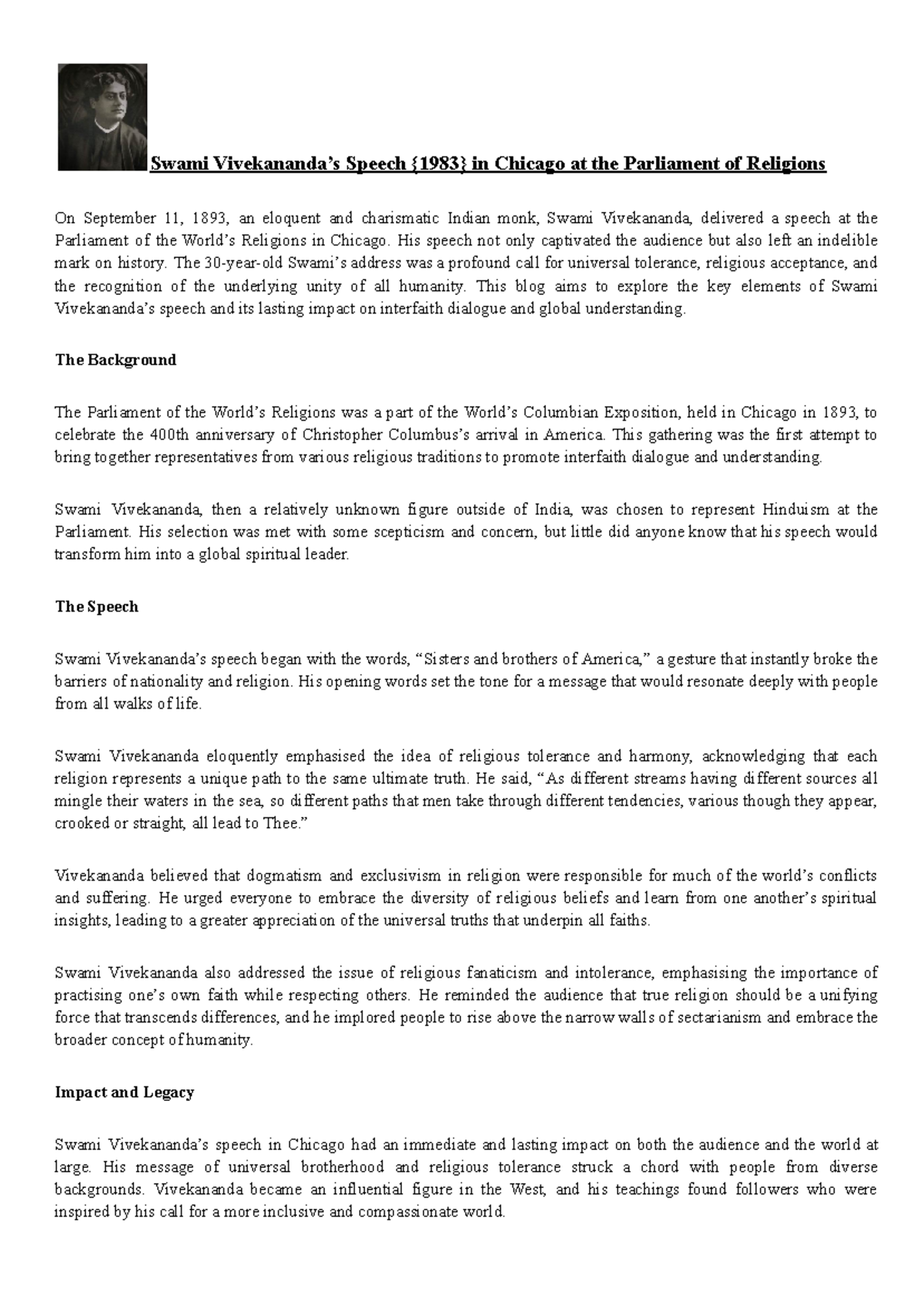 Swami Vivekananda’s Speech at the Parliament of Religions (1893) - Studocu