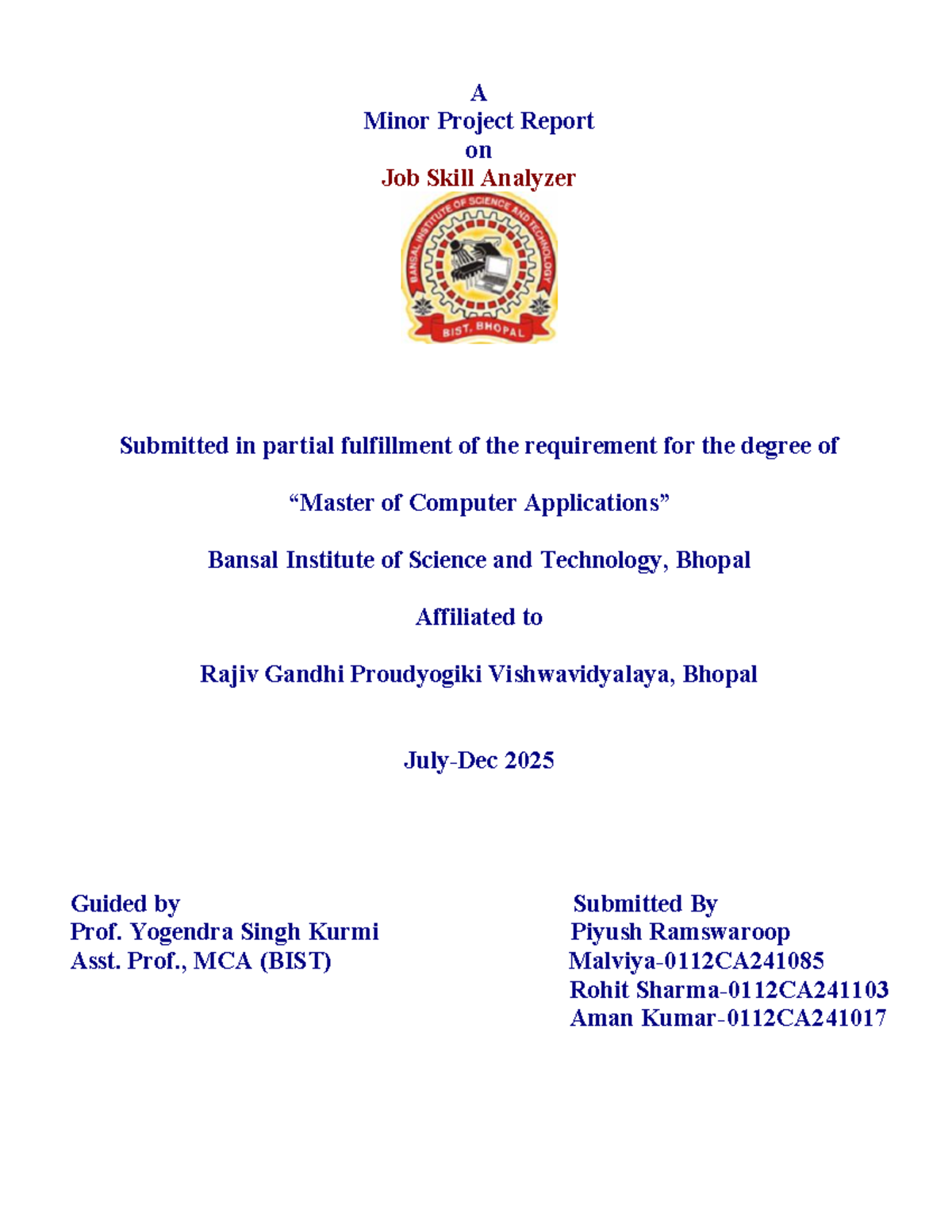 MCA Minor Project Report: Job Skill Analyzer (2025) - Studocu