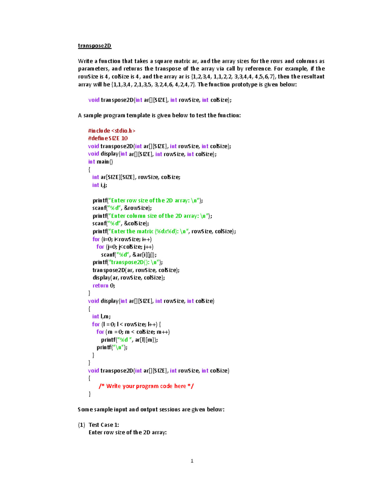 Transpose 2D Matrix Function - Exercise - Studocu