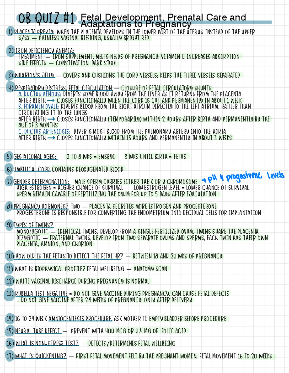 Quiz 1: Fetal Development, Prenatal Care & Pregnancy Adaptations - Studocu