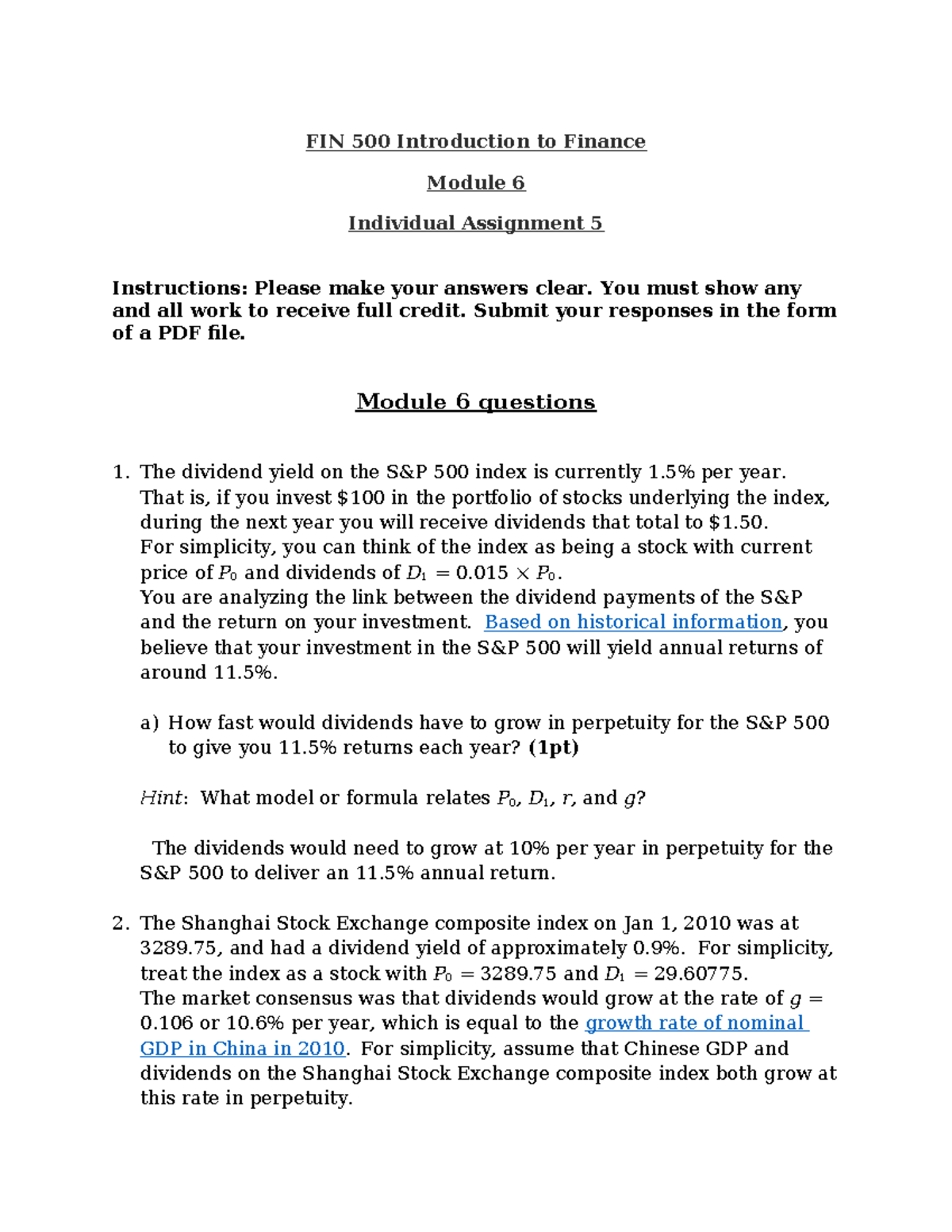 FIN 500 Mod 6 Assignment 6: Dividend Yield & Stock Returns Analysis ...