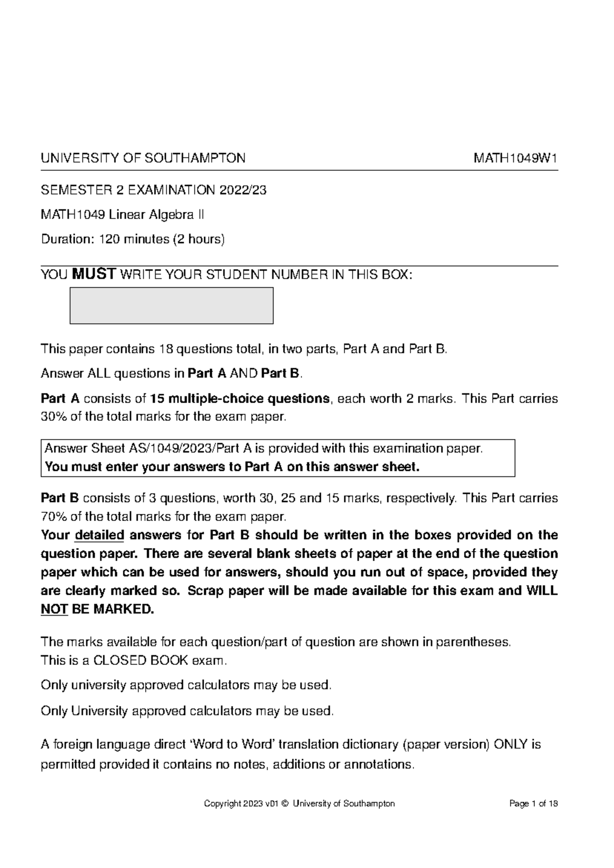 MATH1049W1 SEM2 FINAL EXAMINATION: LINEAR ALGEBRA II PAST PAPER - Studocu