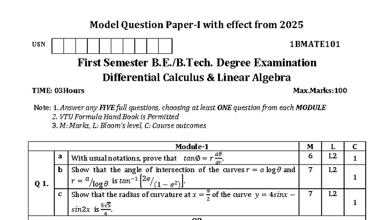 1BMATE101 - Model Question Paper for Differential Calculus & Linear ...