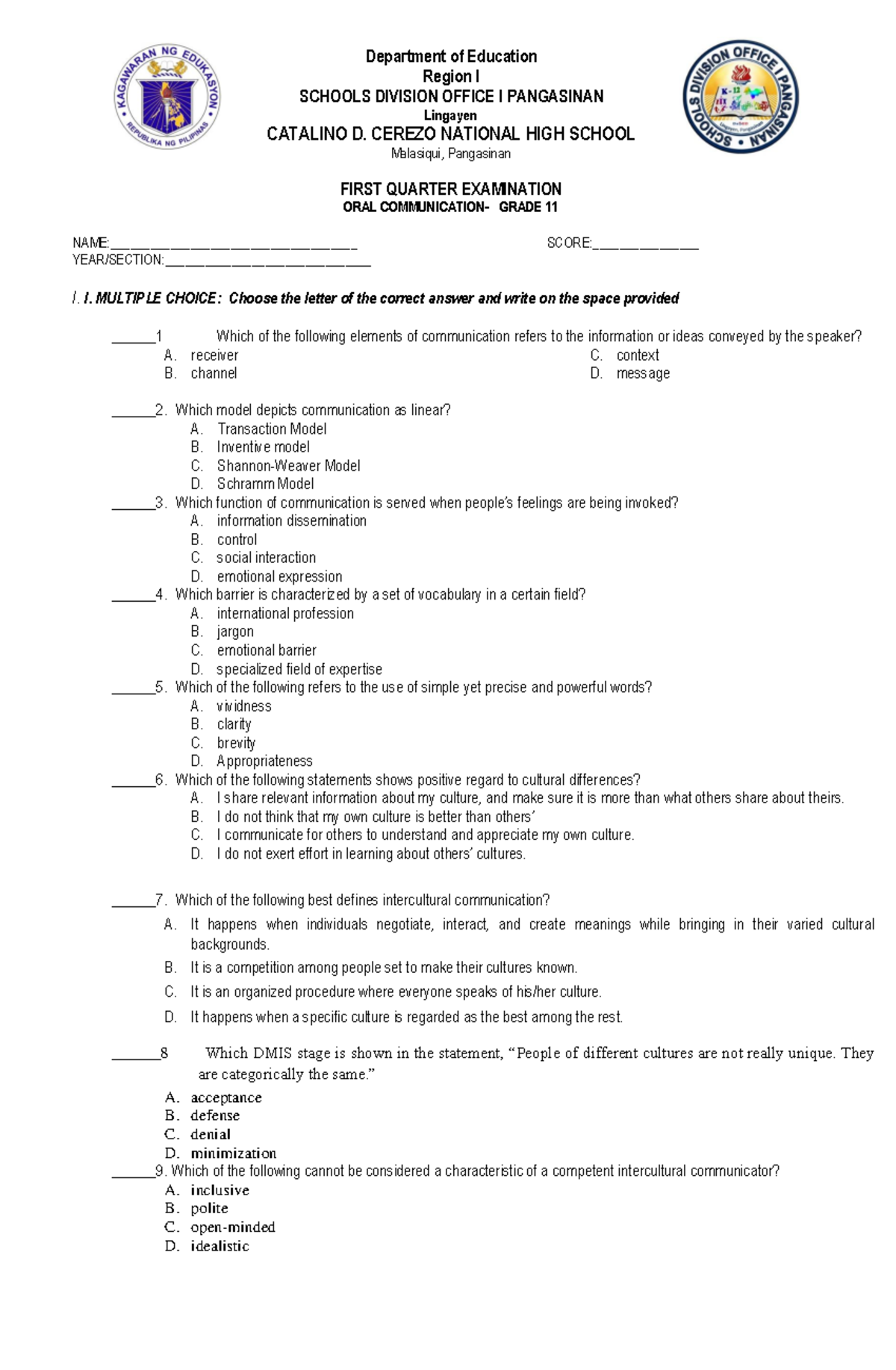 368408109 Grade 11 First Quarter Exam: Oral Communication Exam - Studocu