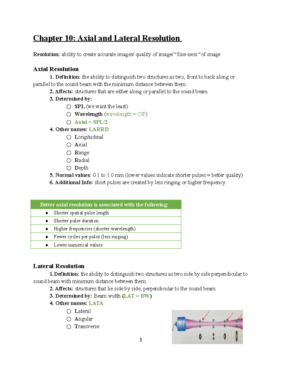 Chapter 10 - Summary of Axial & Lateral Resolutions in Ultrasound - Studocu