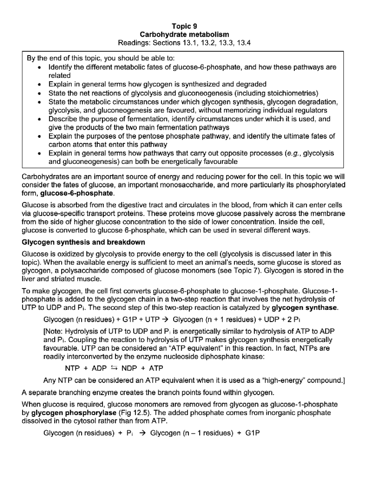 Topic 9: Carbohydrate Metabolism Lecture Notes (Sections 13.1-13.4 ...