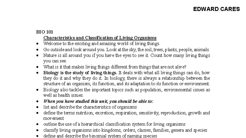 BIO 101 Final Exam Notes: Characteristics & Classification of Life ...