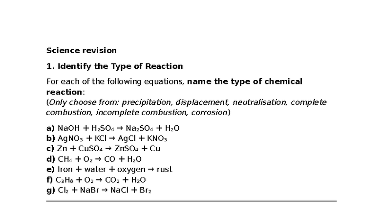 Chemistry Revision Notes: Types of Reactions & Data Analysis - Studocu