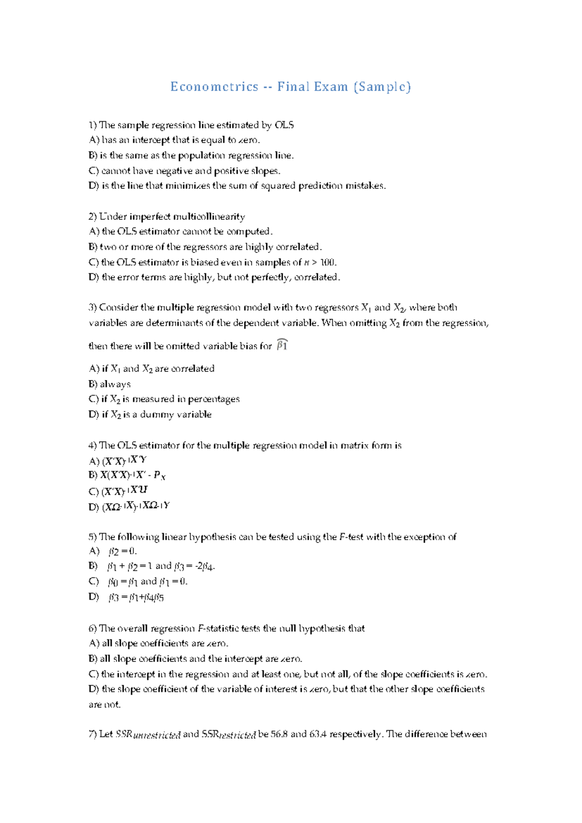 Econometrics Final Exam Sample 2017: Key Concepts and Questions - Studocu