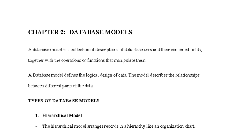 Chapter 2: Database Models Overview and Types - Studocu