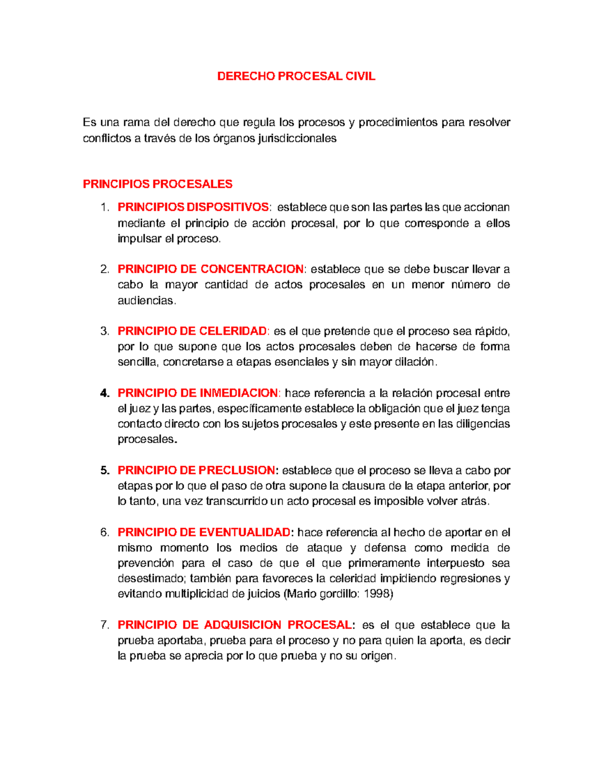 DERECHO PROCESAL CIVIL: Resumen de Principios y Acción Procesal - Studocu
