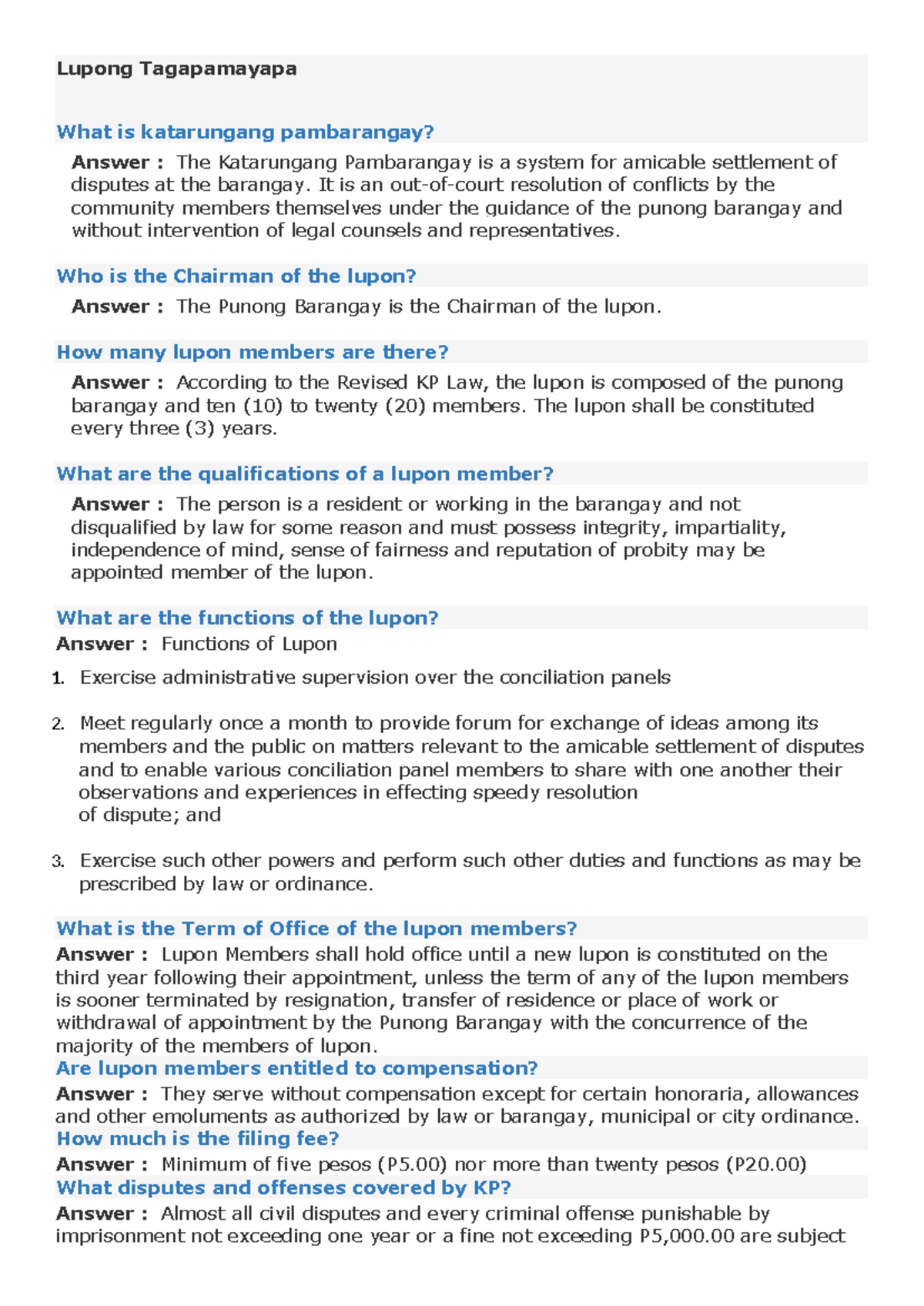 Lupong Tagapamayapa: Overview of the Barangay Judicial System - Studocu