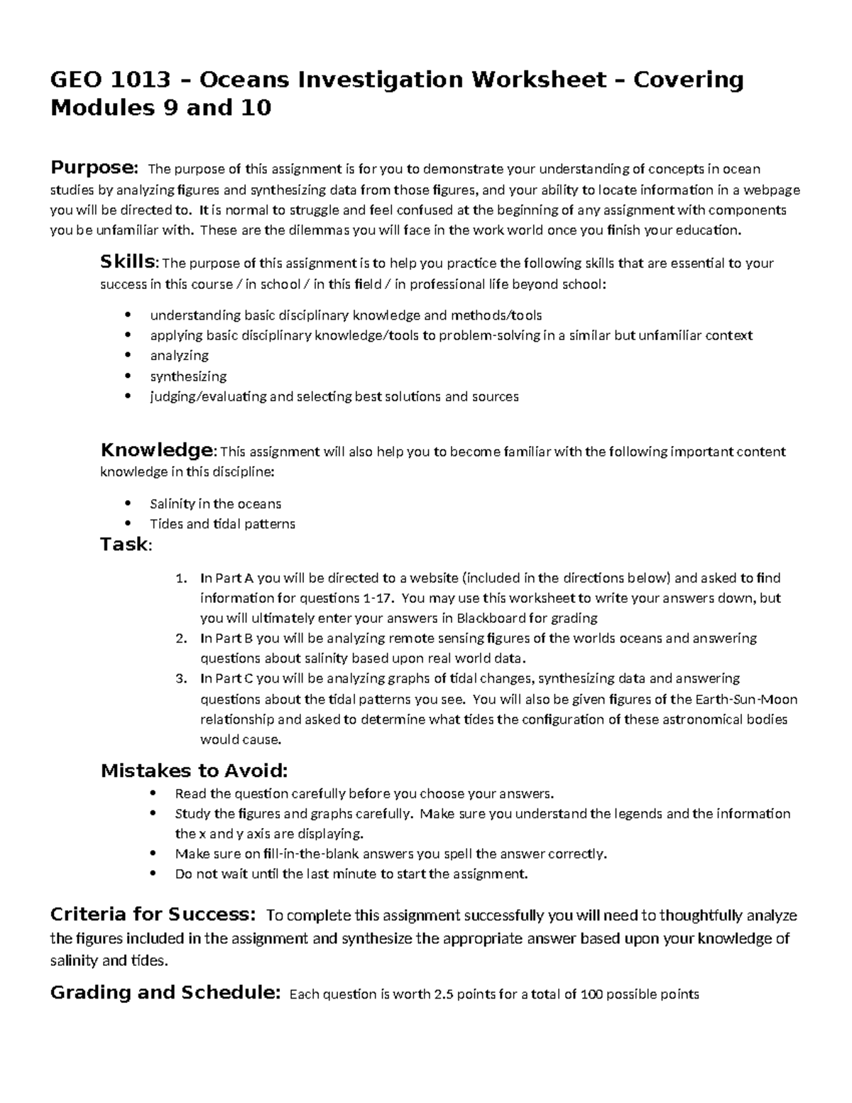 GEO 1013 Oceans investigation worksheet for modules 9 and 10 - Studocu