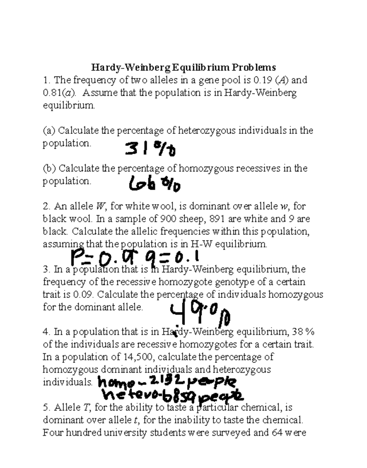 Hardy Weinberg Probelms Homework II - Hardy-Weinberg Equilibrium ...