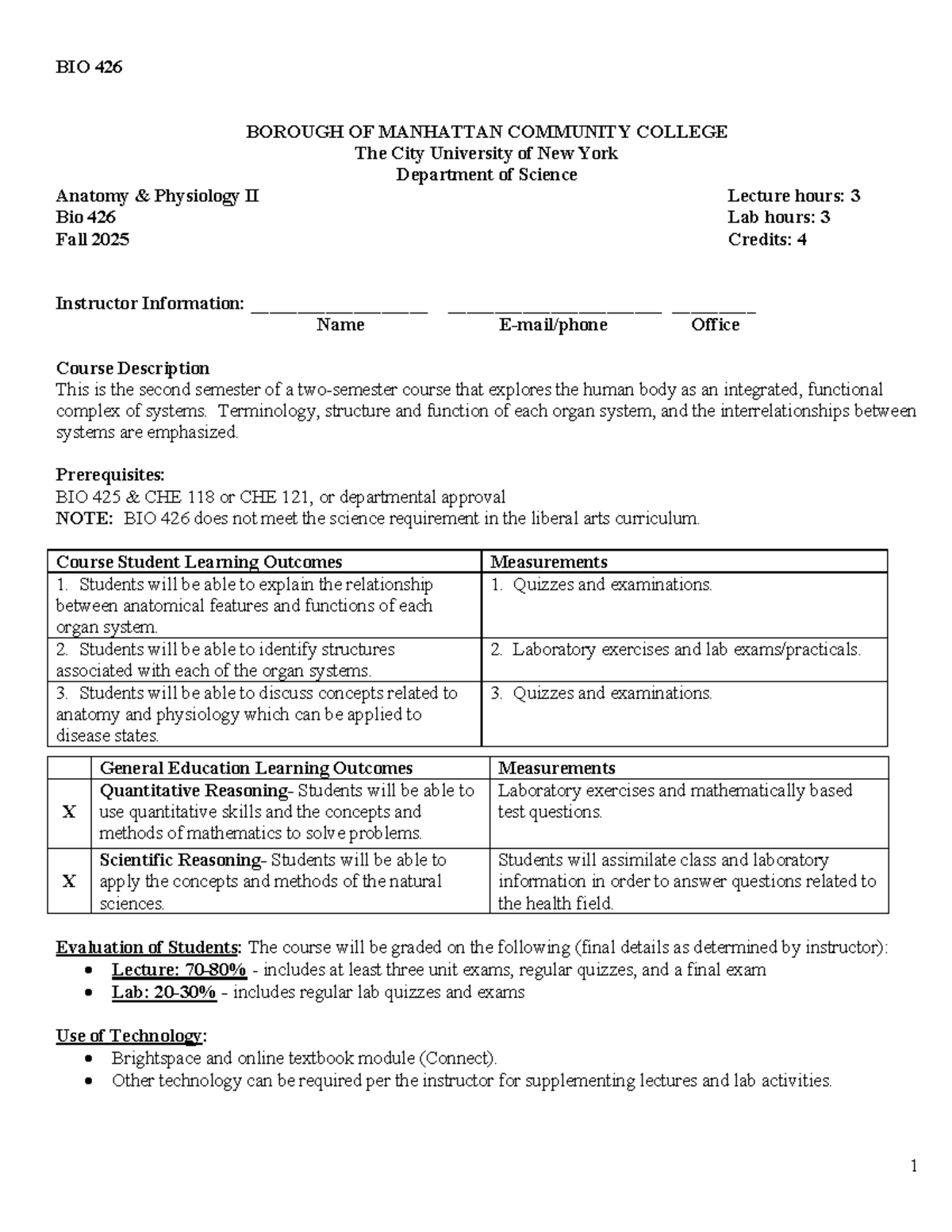 BIO 426 Anatomy & Physiology II Syllabus - Fall 2025 - Studocu