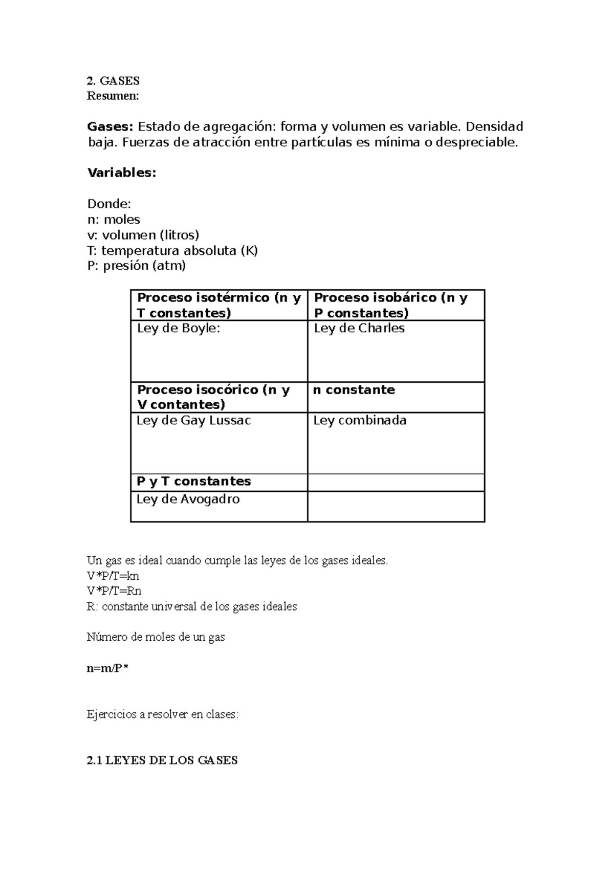 Hoja De Trabajo Sobre Las Leyes Combinadas De Los Gases