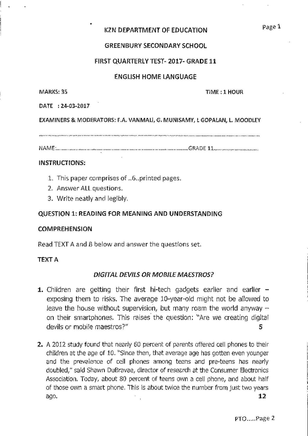 Grade 11 June Exam Paper 1: English Home Language (2020) - Studocu
