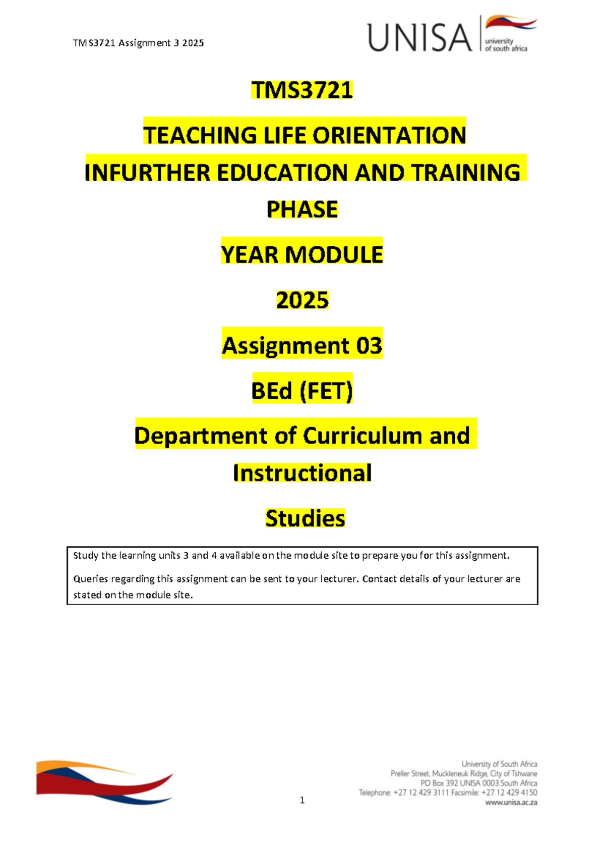 TMS3721 Assignment 3 2025: Teaching Life Orientation in FET Phase - Studocu