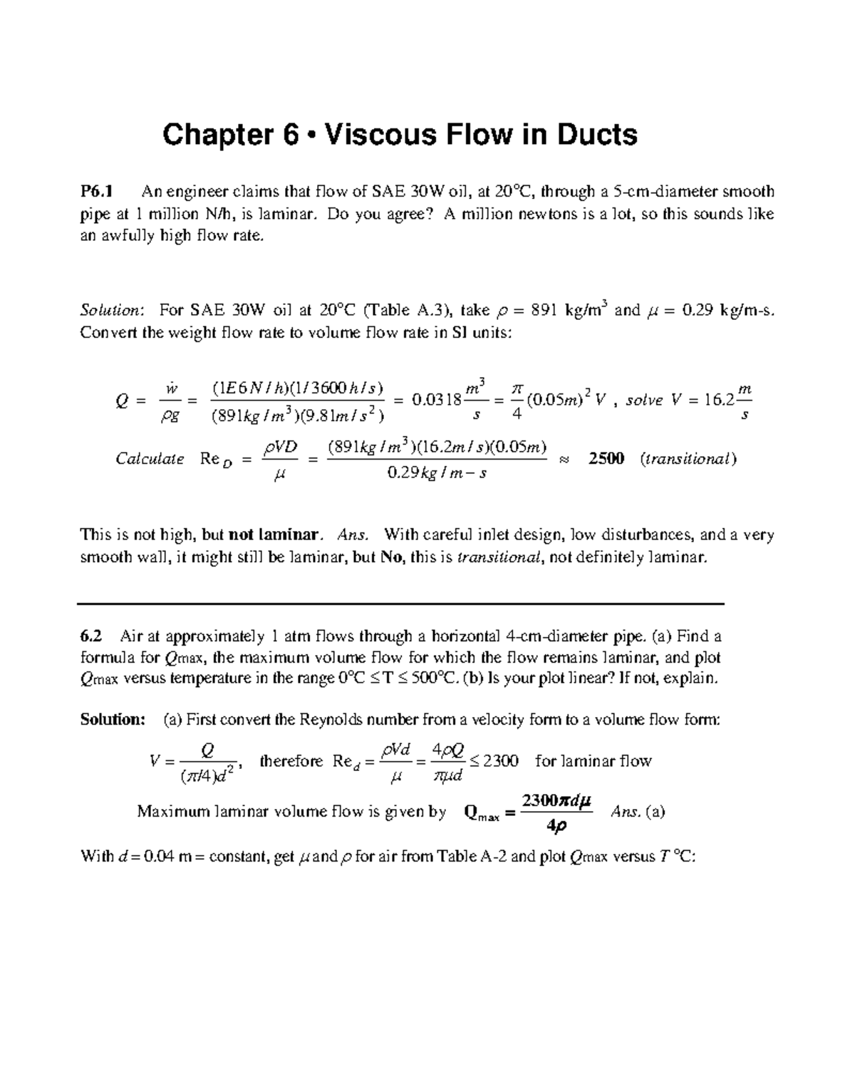 Chapter 6 SM - Solutions for Viscous Flow in Ducts - Studocu