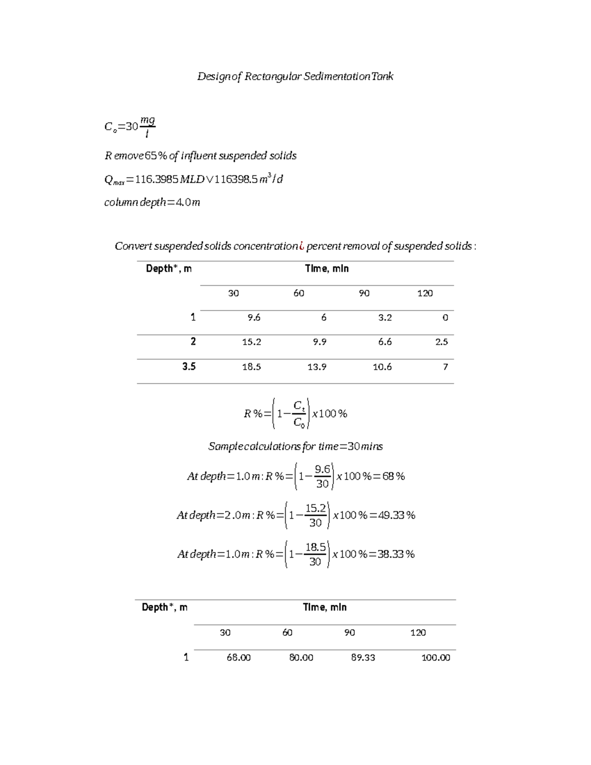 Design of Rectangular Sedimentation Tank - 3 18 13 10 7 R %= ( 1 − Ct C ...